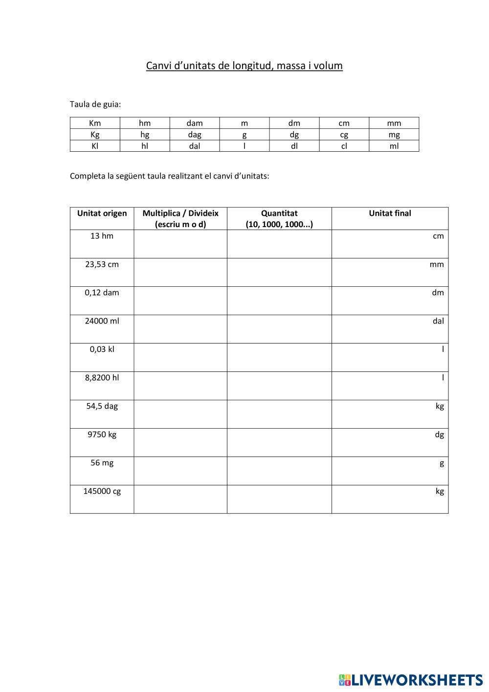 Canvi d'unitats… | Math Worksheets | 8334111