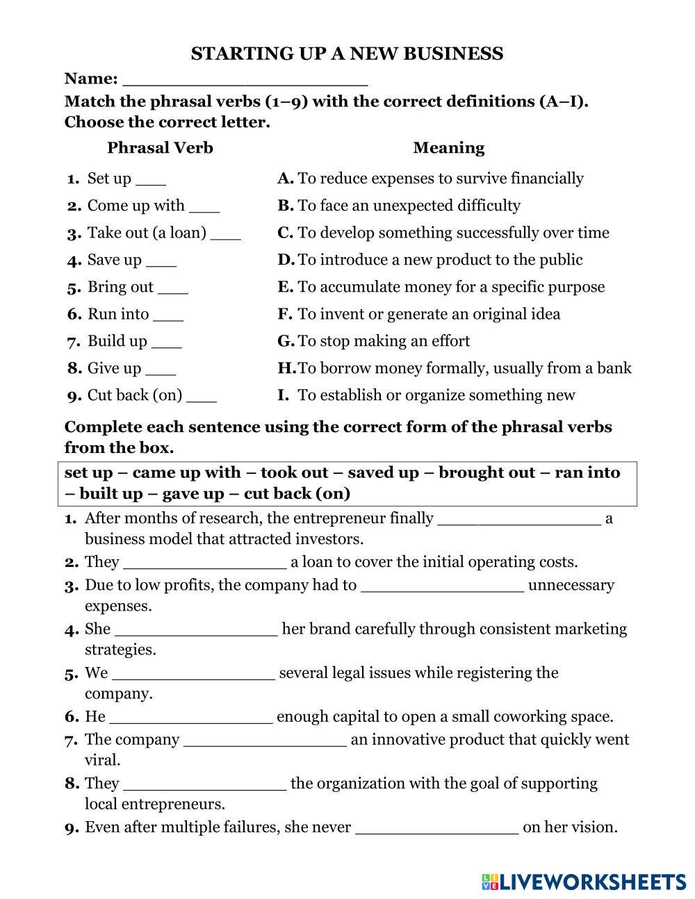 NEW BUSINESS | English Language Worksheets | 8334206